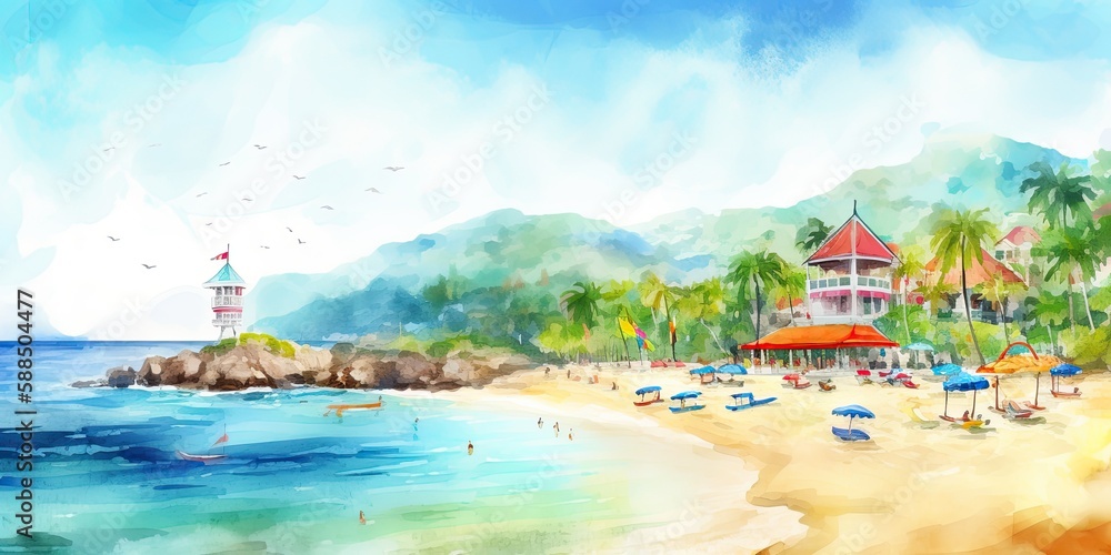 watercolor painting vacation resort and cabana, generative AI Art Stock ...