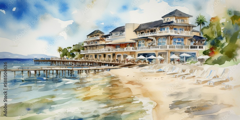watercolor painting vacation resort and cabana, generative AI Art ...