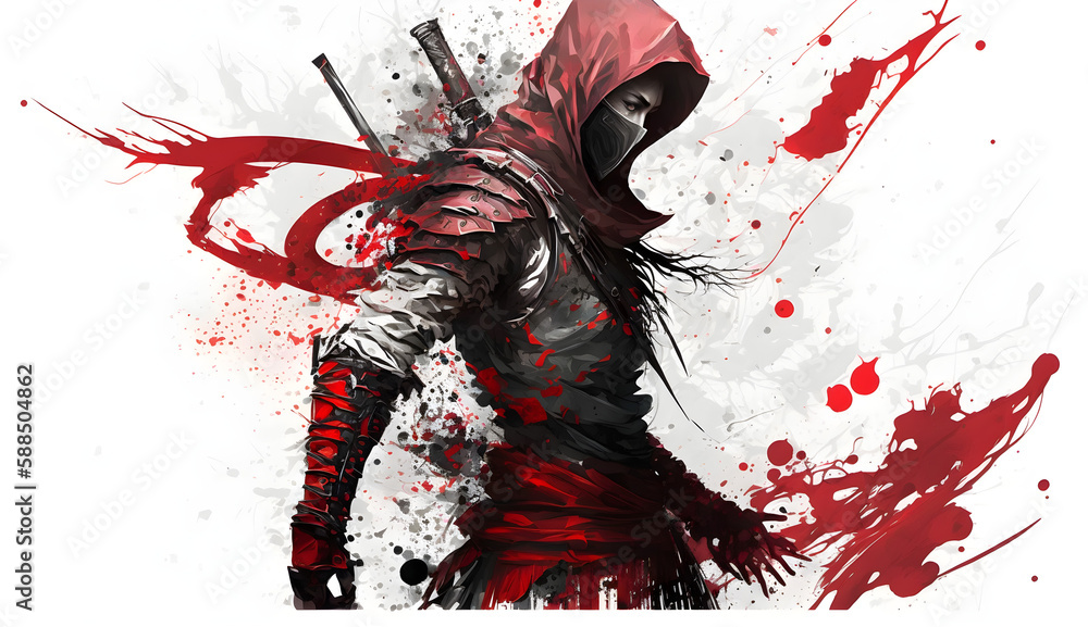 The angry ninja stood up wearing a red costume created with generative ...
