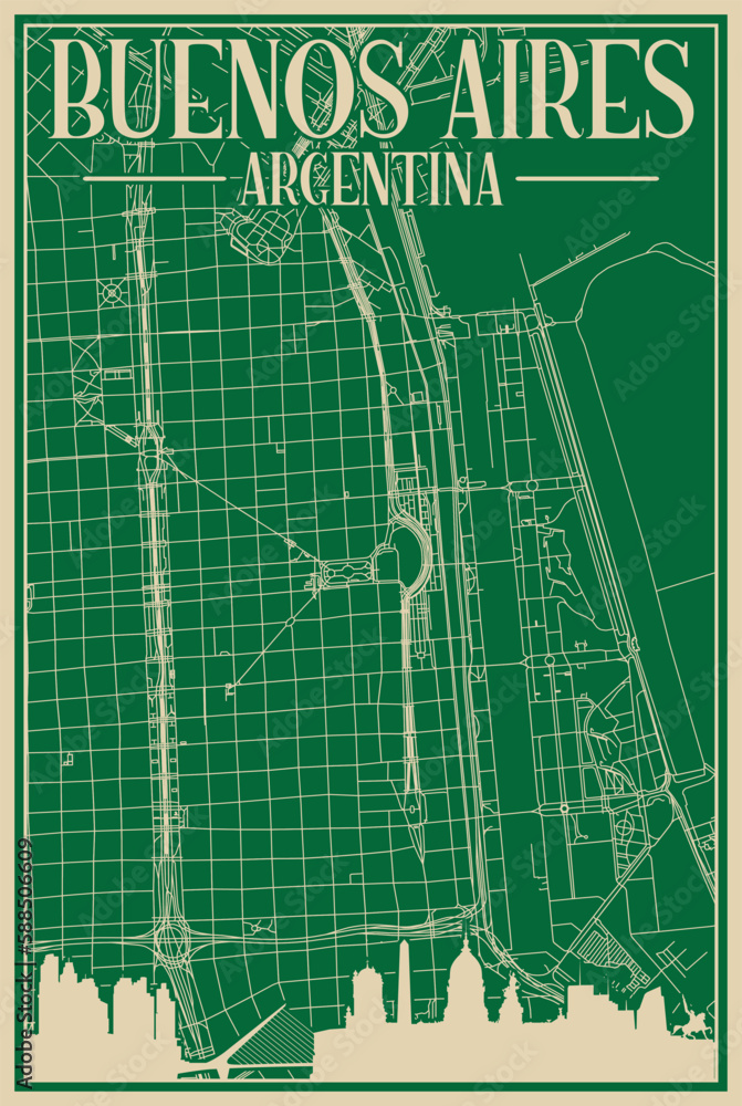 Colorful hand-drawn framed poster of the downtown BUENOS AIRES ...