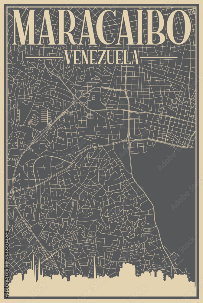 Colorful hand-drawn framed poster of the downtown MARACAIBO, VENEZUELA ...