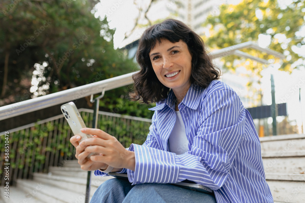 Beautiful stylish good-looking european woman with happy smile and ...