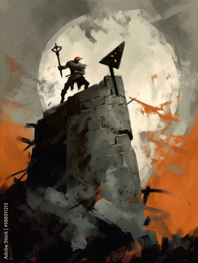 Shield in one arm shard blade in the other the silhouette of a ...