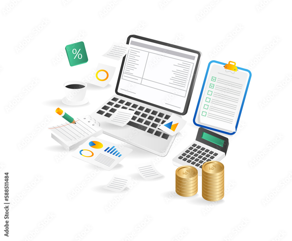 Flat 3d isometric office objects concept. Laptop, notepad, coffee cup ...