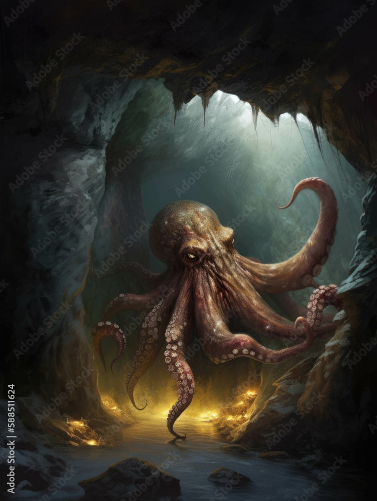 A giant octopus emerging from a cave its tentacles waving lazily in the ...