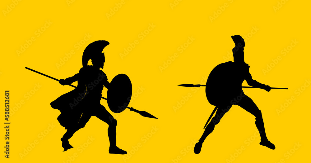 Greek hero ancient soldier in battle with spear and shield combat ...