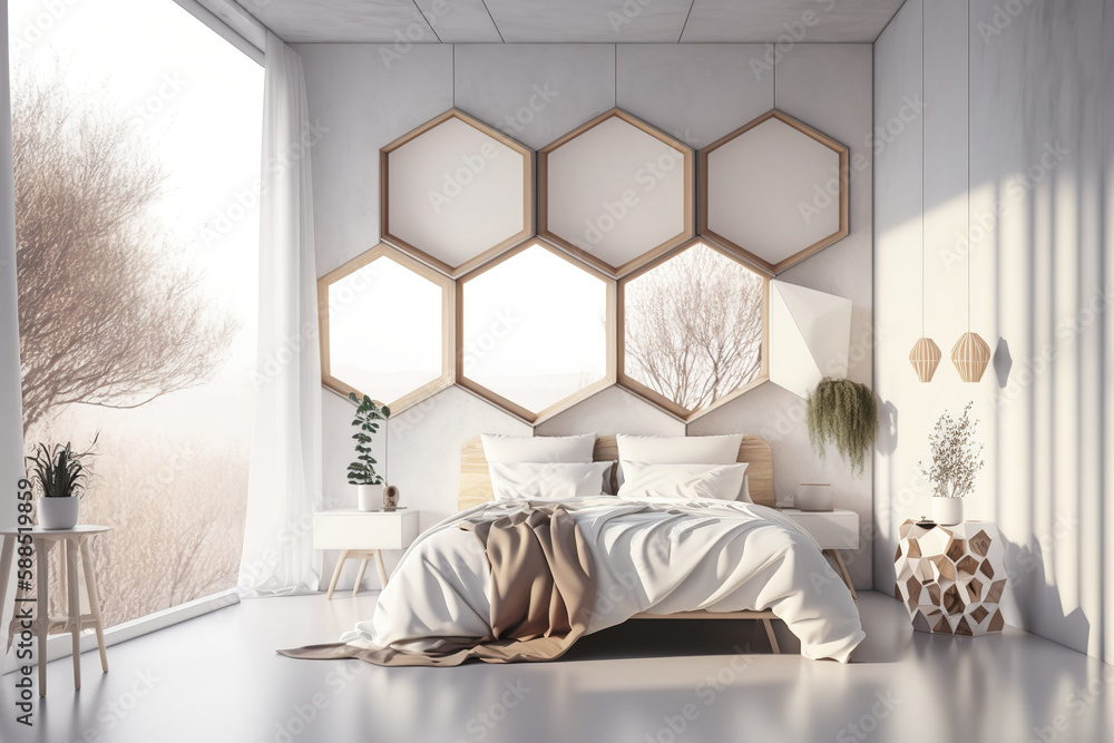 Interior of a white hexagonal bedroom with a concrete floor, a window ...