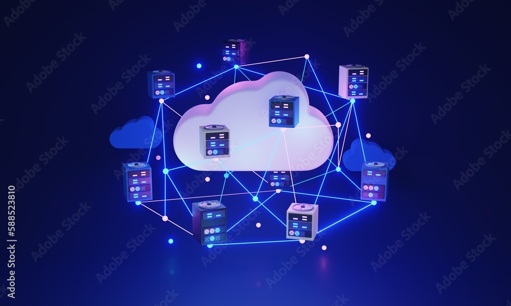 Cloud computing network for file upload and download 3D illustration concept. Information ...