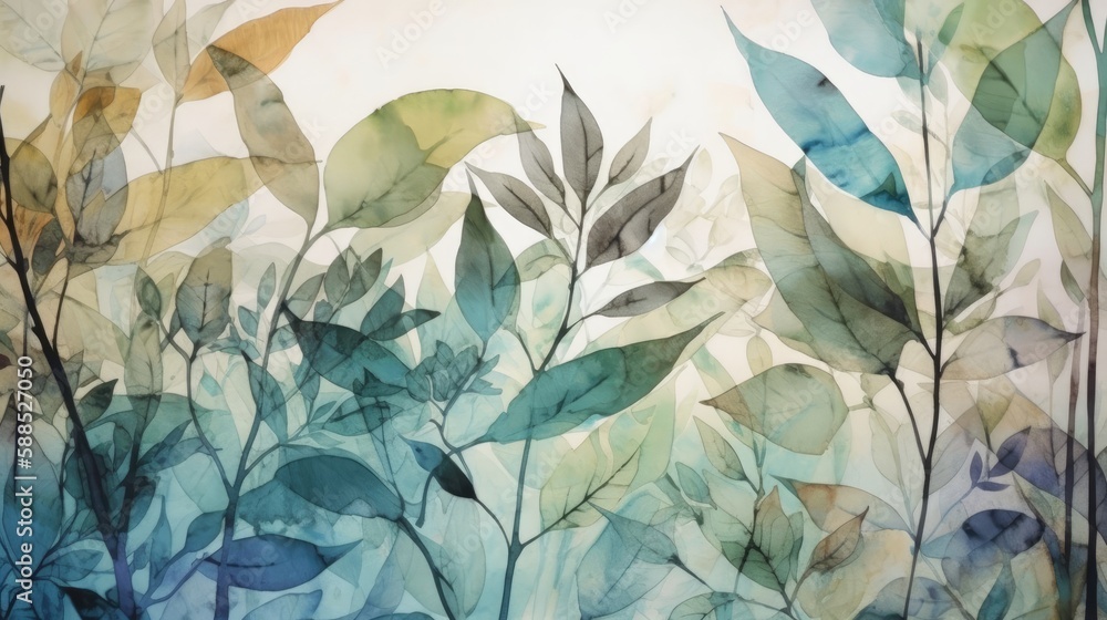 A soft background of leaves in digitally illustrated watercolor and ink ...