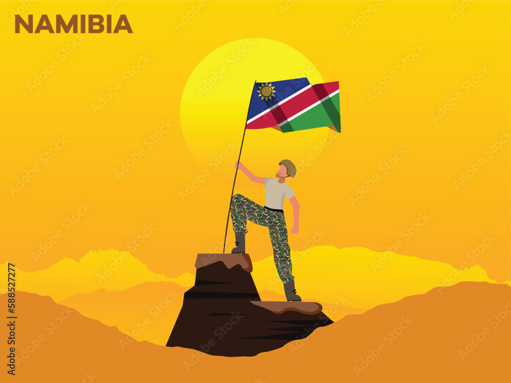 Namibia Soldier on top of the mountain with the Namibia flag ...