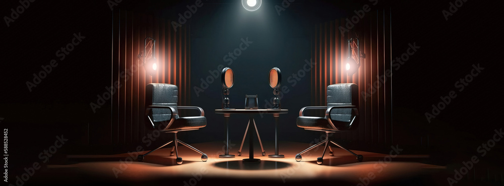 two chairs and microphones in podcast or interview room on dark ...