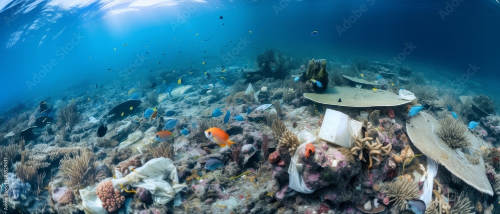 Polluted ocean, contamination of the sea caused, industrial waste, oil ...
