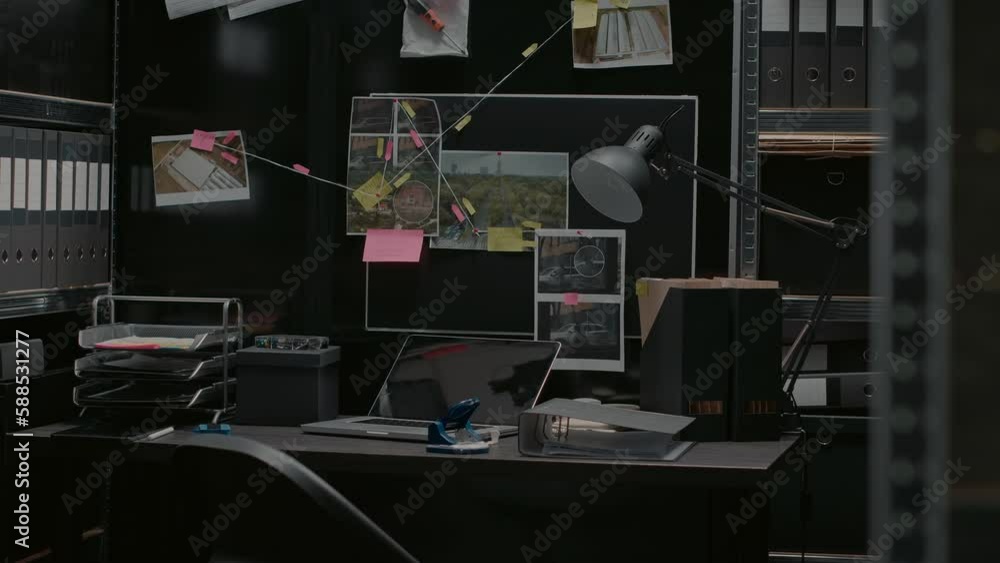 Evidence room office with detective board and desk, crime scene photos ...
