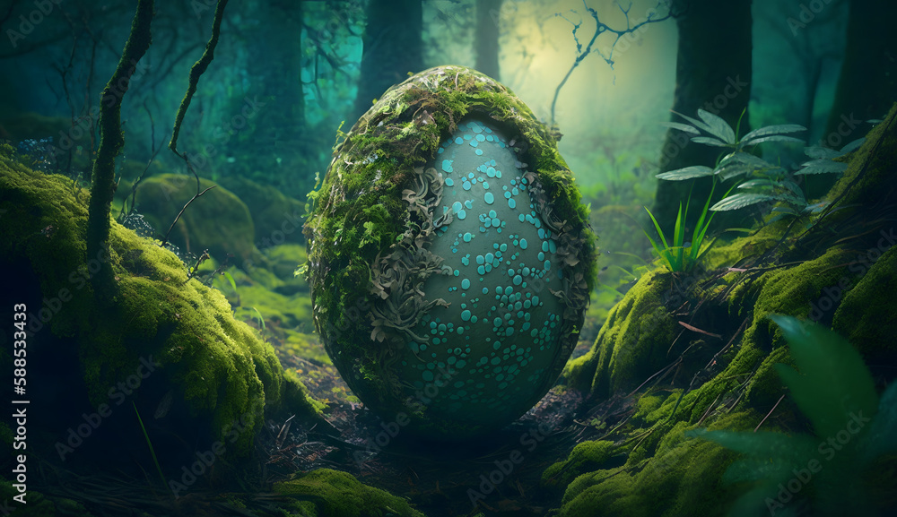 Illustrazione Stock Photorealistic Dragon Easter egg in the dreamlike misty enchanted forest in ...
