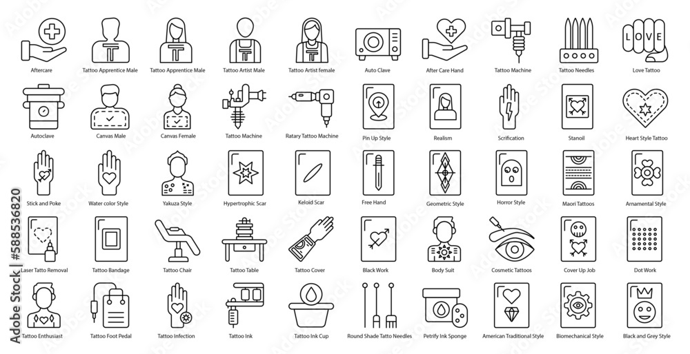 Tattoo Thin Line Icons Tattoos Body Suit Icon Set in Outline Style 50 ...