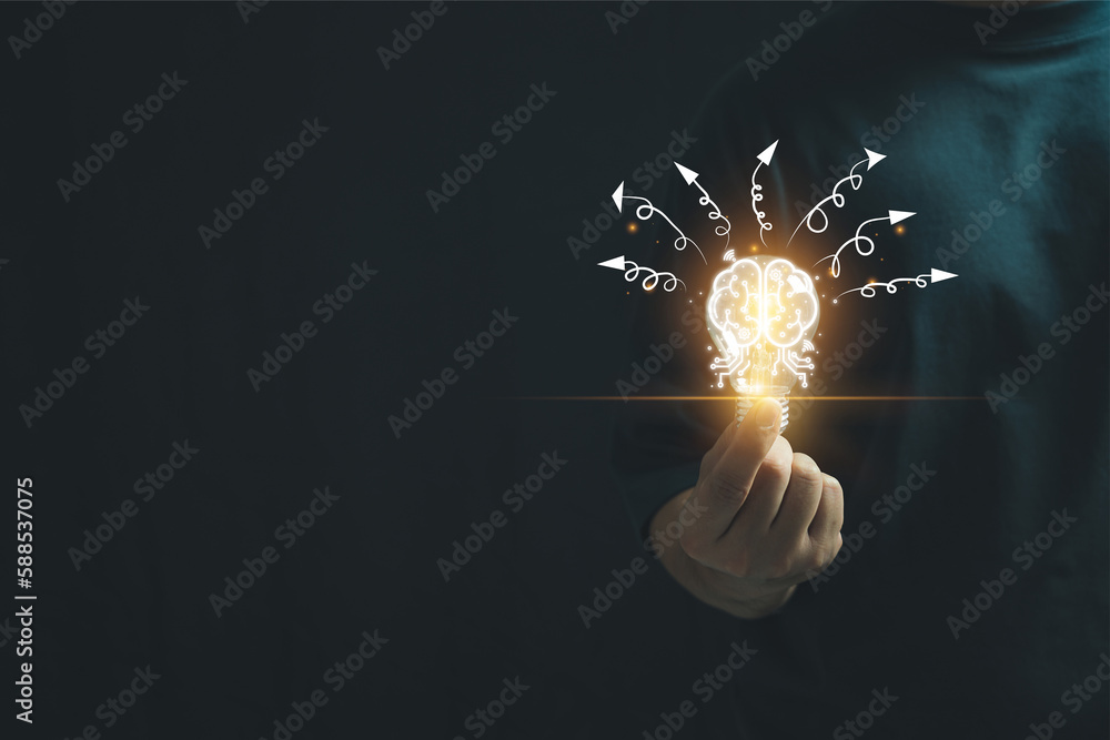 Man hold light bulb with bright brain.New creative idea and business ...