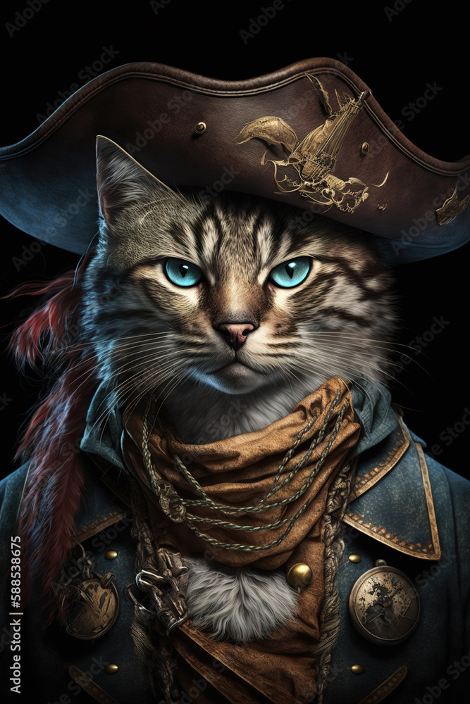 Cat wearing pirate clothes, portrait of funny serious pet in vintage ...