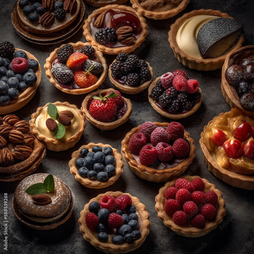 mini-gâteaux français (mini French cakes), macarons, madeleines ...