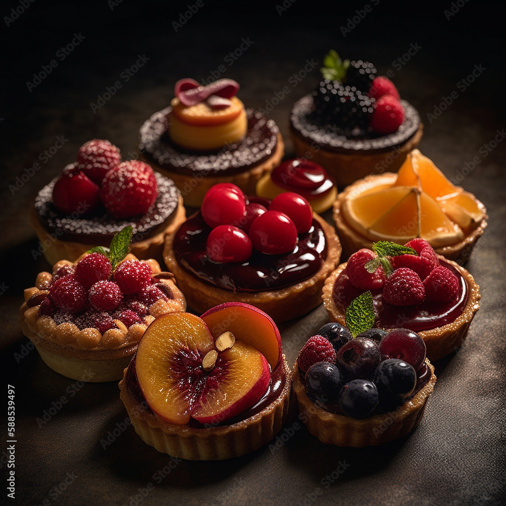 mini-gâteaux français (mini French cakes), macarons, madeleines ...