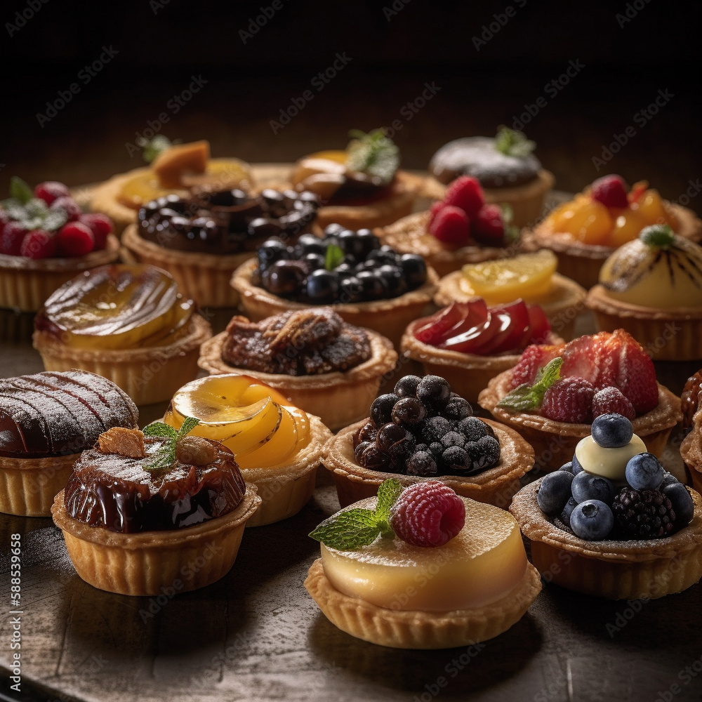 mini-gâteaux français (mini French cakes), macarons, madeleines ...