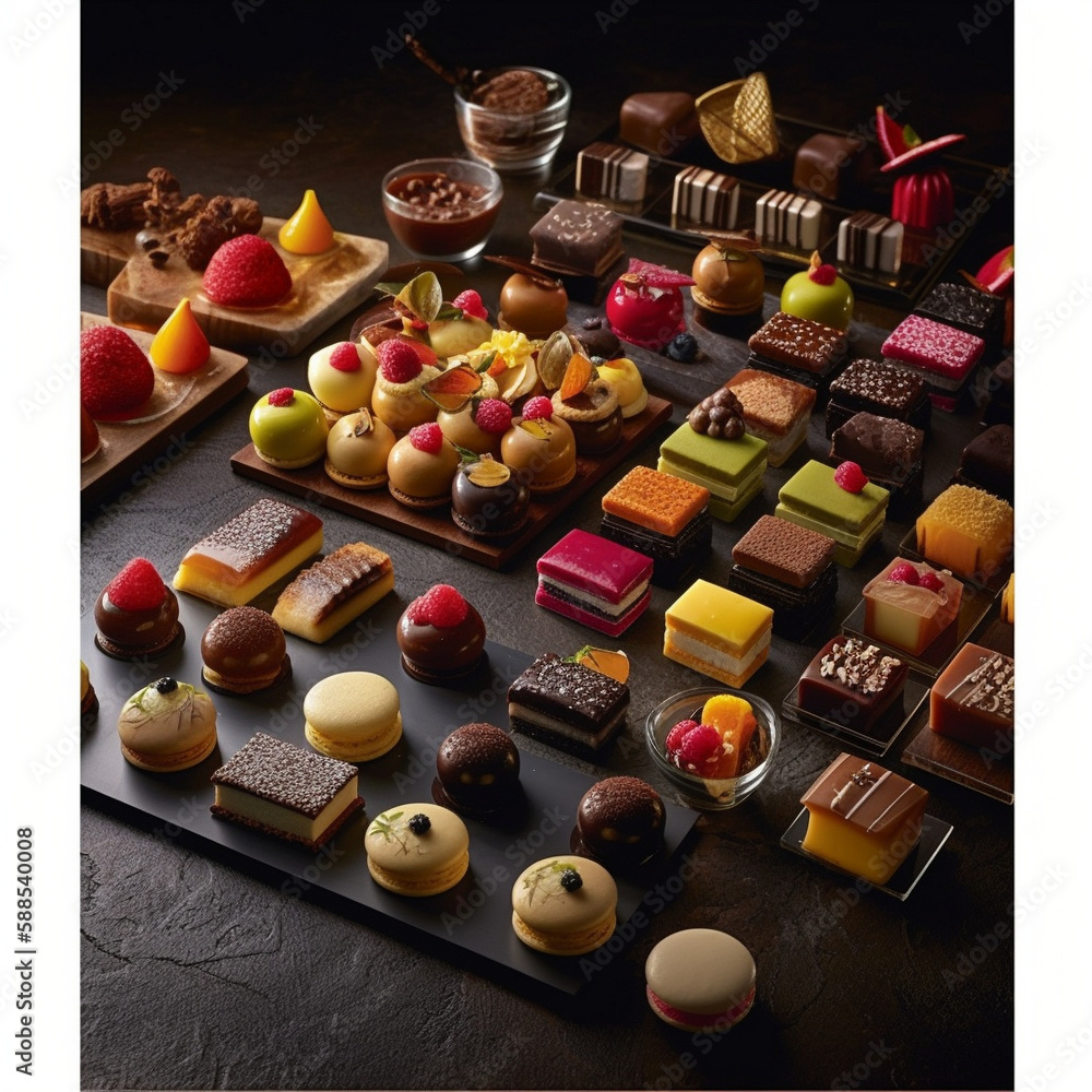 mini-gâteaux français (mini French cakes), macarons, madeleines ...