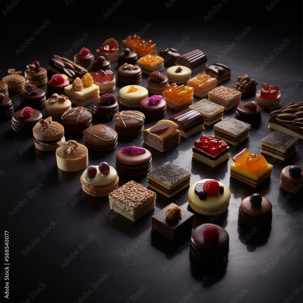 mini-gâteaux français (mini French cakes), macarons, madeleines ...