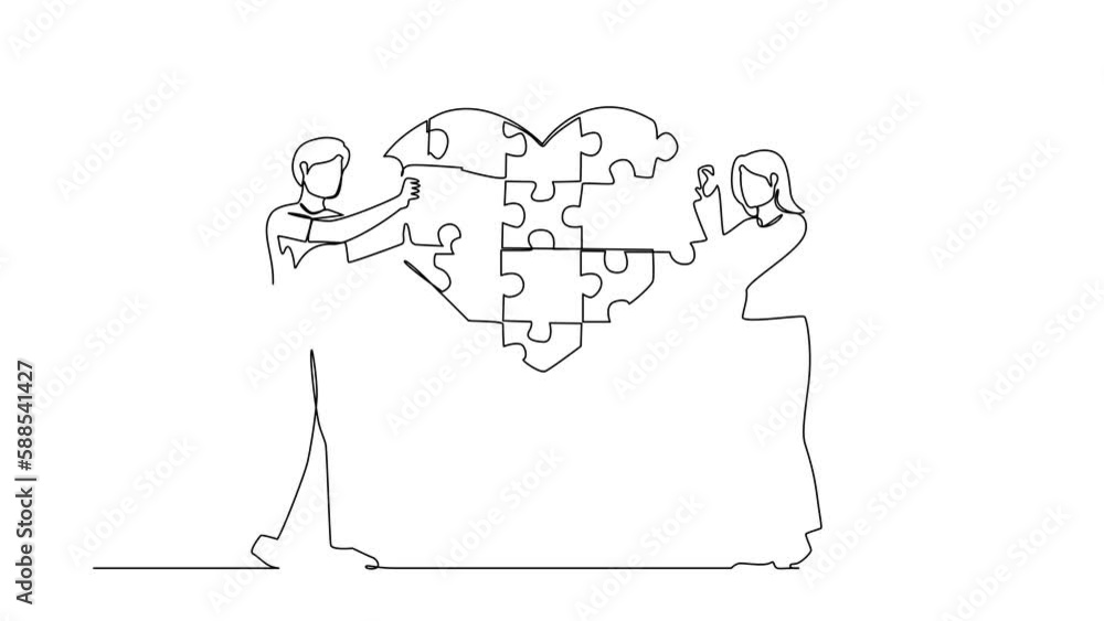 Self drawing animation of single line draw loving couple standing and ...