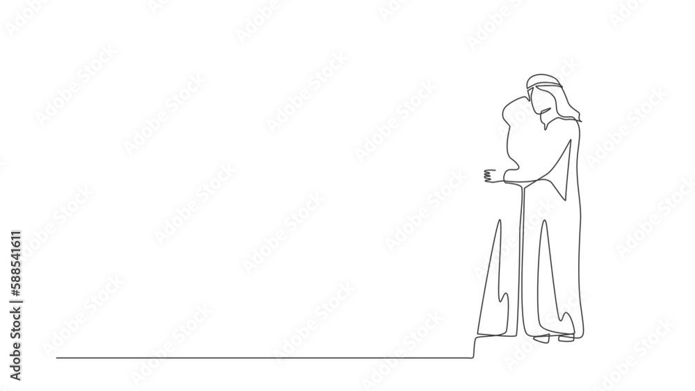 Self drawing animation of single line draw Arabian man hugging soothing ...