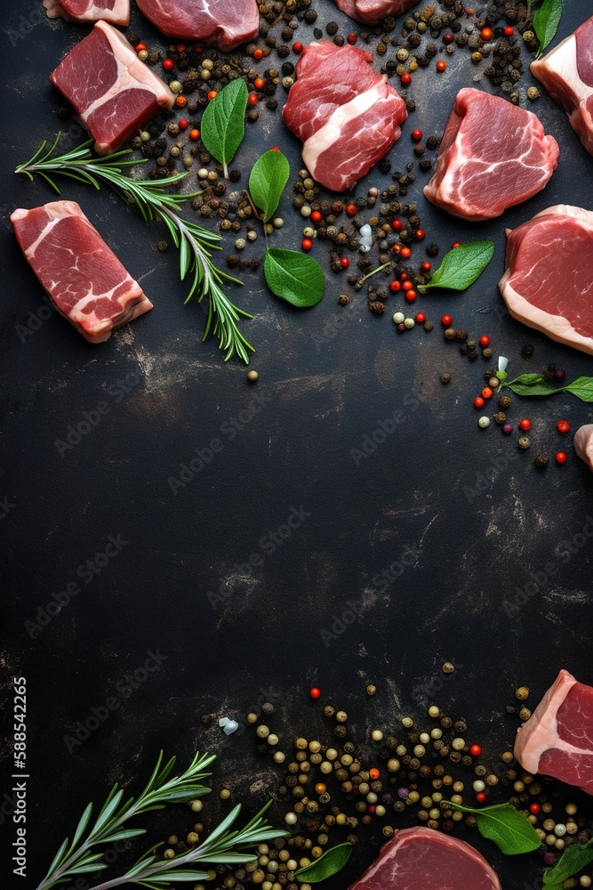 Gourmet photography of raw meat over dark background with copy space in ...