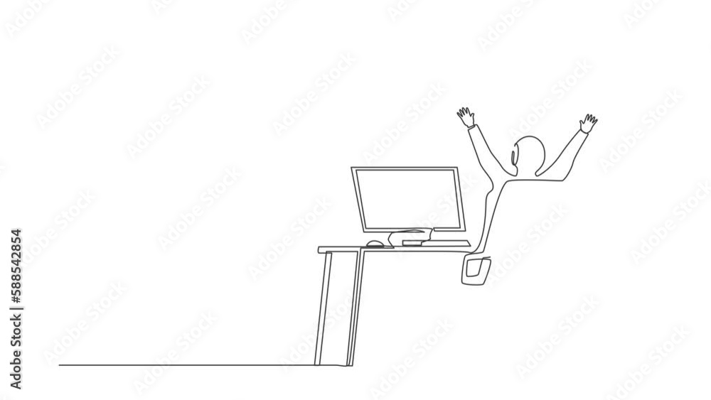 Animated self drawing of continuous line draw back view happy Arab ...