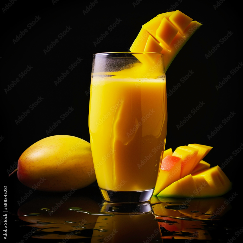 A glass of mango juice on a black background with a piece of mango on ...