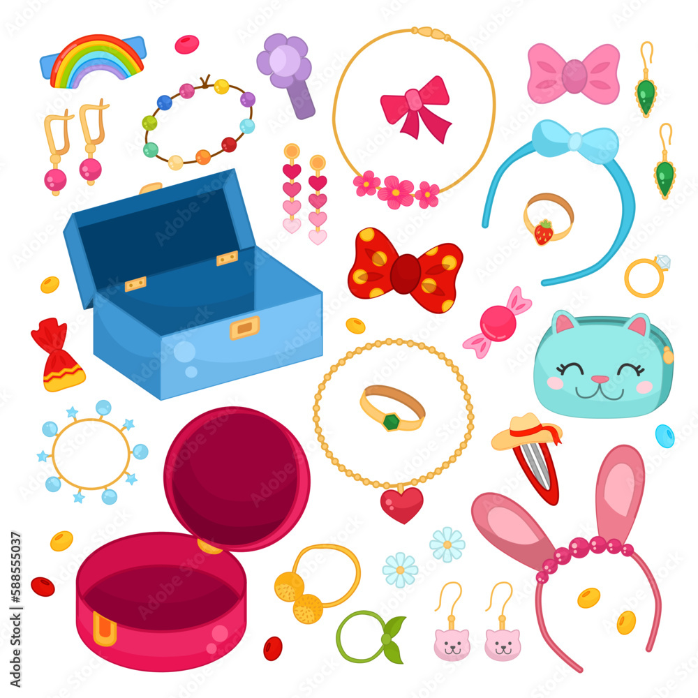 Vector set of cartoon illustrations of kids jewelry and hair ornaments ...