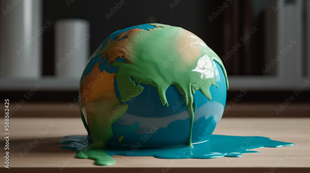 Melting spherical Earth model on concrete shelf with blue sea and green ...