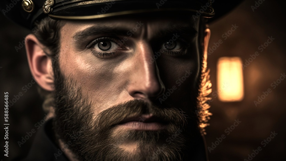 portrait of a young man in a captain's uniform, looking into the camera ...