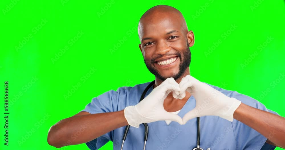 Heart, green screen doctor and happy black man face with love gesture ...