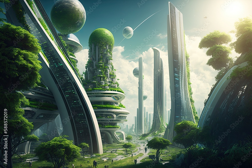 A futuristic cityscape featuring green infrastructure such as rooftop ...