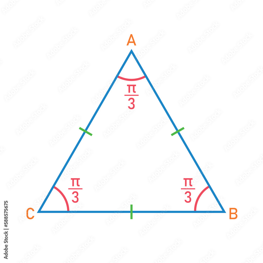 Properties of equilateral triangle in mathematics. Three sides with ...