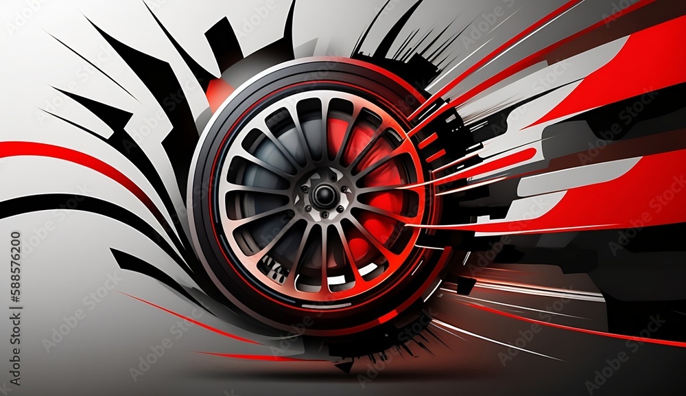 Racing wheel background spinning with red, black and white splices ...