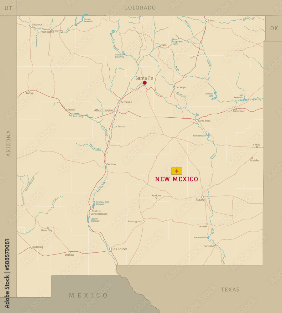 Road map of New Mexico US American federal state. Editable highly ...