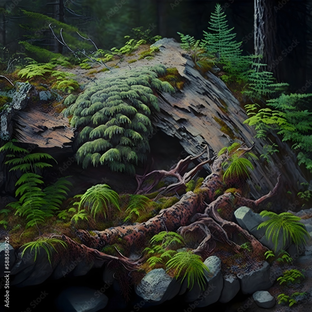 A boreal forest ferns firs lush rock and stumps pines and bark hyper ...