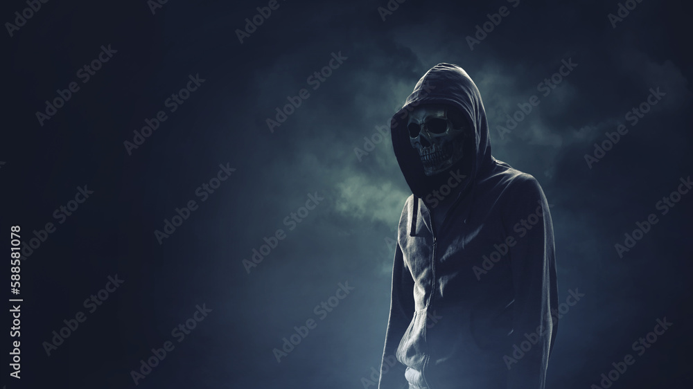 Scary and creepy male monster with gouged eyes looking like a skull ...