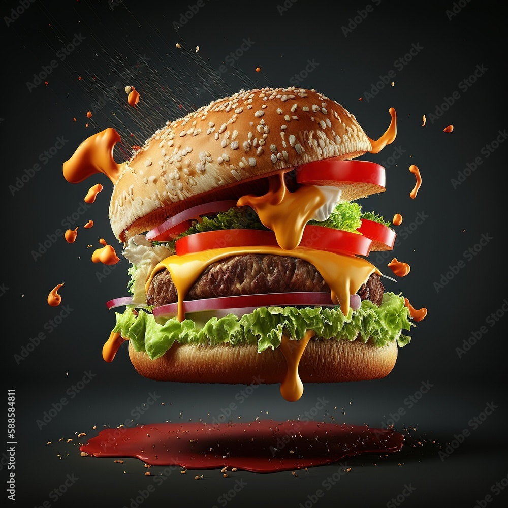 Falling burger with all ingredients, lettuce, tomatoes, meat patty ...