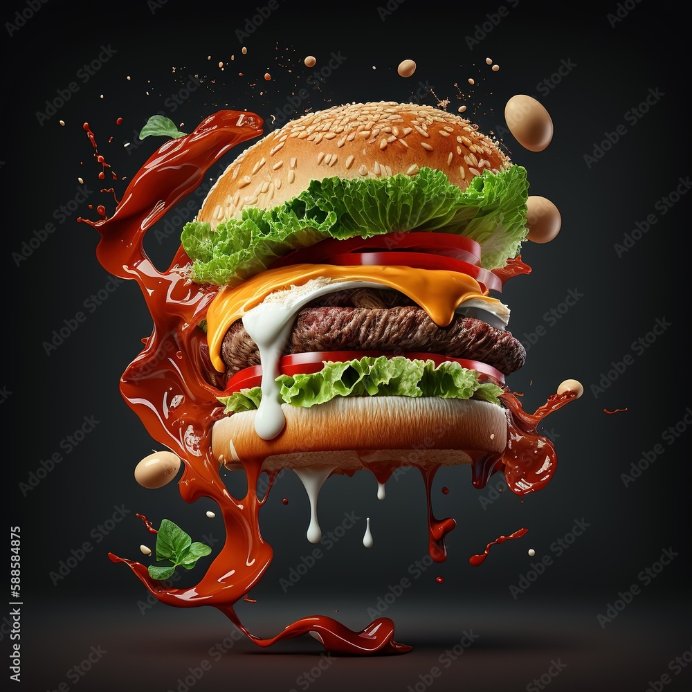 Falling burger with all ingredients, lettuce, tomatoes, meat patty ...