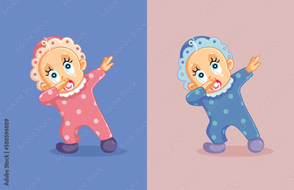 Little Infant Siblings Dabbing and Dancing Funny Vector Cartoon. Gender ...