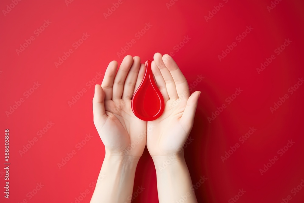 A hand holding a red drop of blood on a red background. Generative AI ...