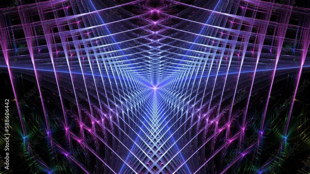 Tunnel with blue, purple moving fractal shapes on dark. Metallic grids ...