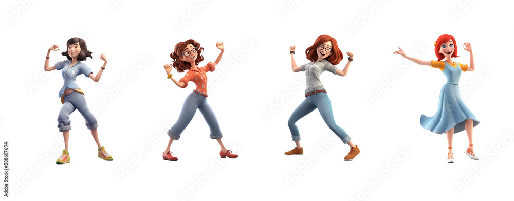 Setof 3D cartoon character cute young woman happy dancing, isolated on ...