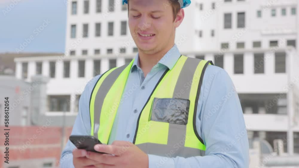 Phone, building and a construction worker man typing a text man while ...