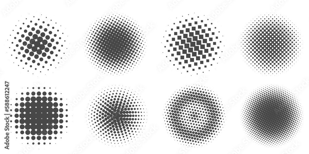Circle dots with halftone pattern. Round gradient background. Elements with gradation points ...