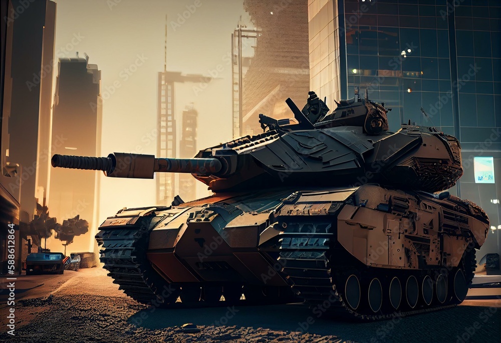 Modern futuristic battle tank with turret and cannon in city center ...